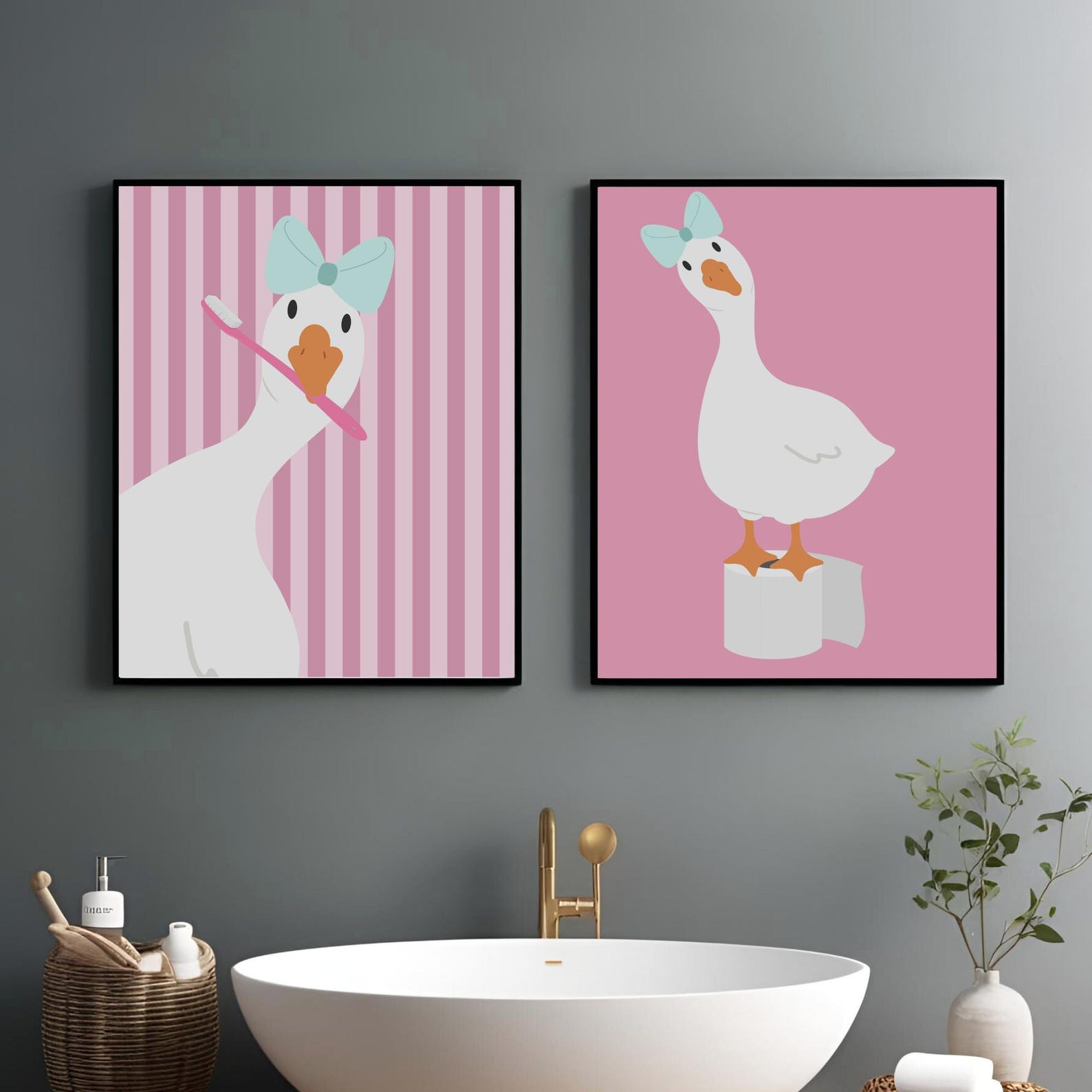 Silly Goose Pink Bathroom Set of 2 Prints Toilet Paper Roll Toothbrush ...