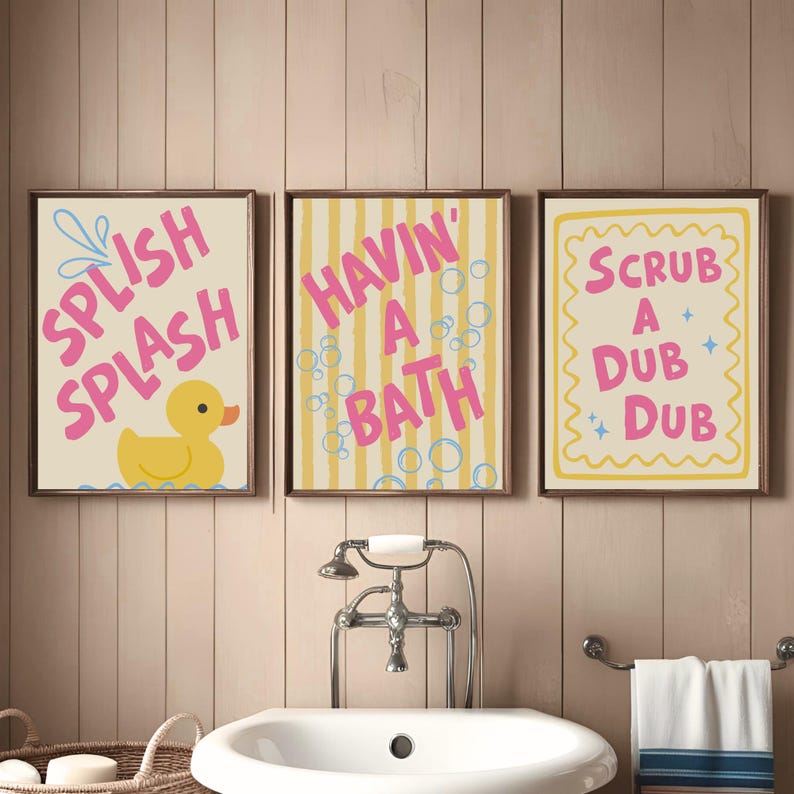 Splish Splash Rubber Duck Bathroom Print Set Kids Bathtub Wall Art Sign ...