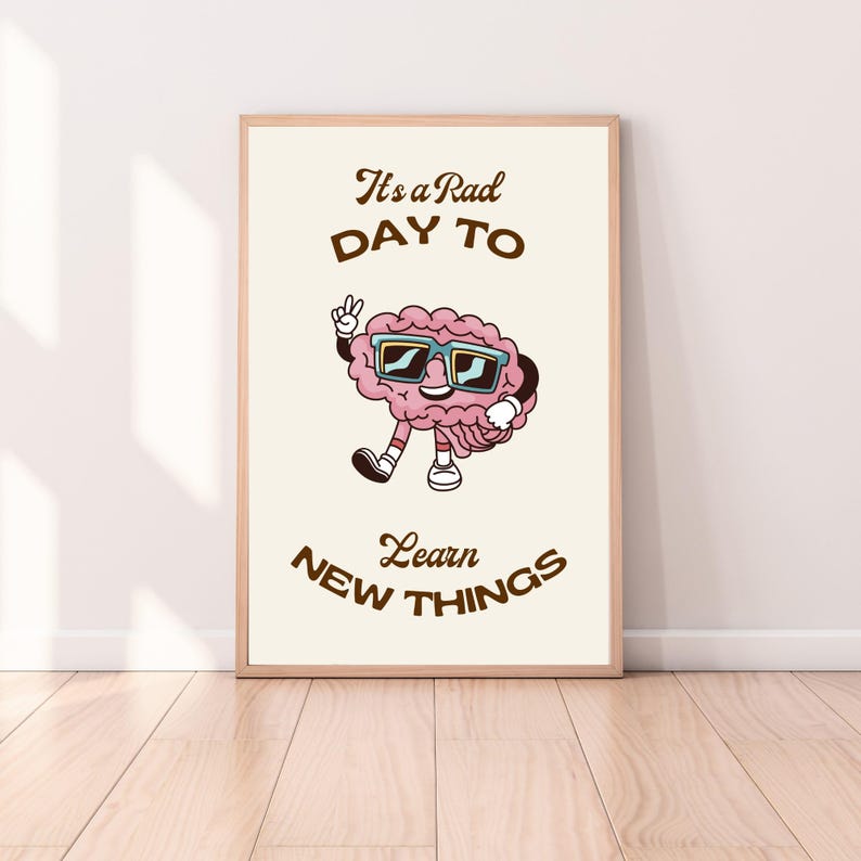 Retro Brain Character Print Fun Cartoon Mascot Learning Poster ...