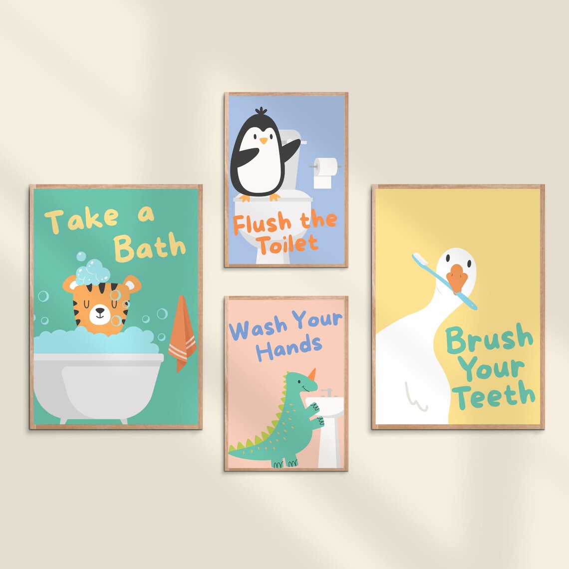 Kids Bathroom Wall Art Set of 4 Hygiene Reminder Prints Wash Your Hands ...