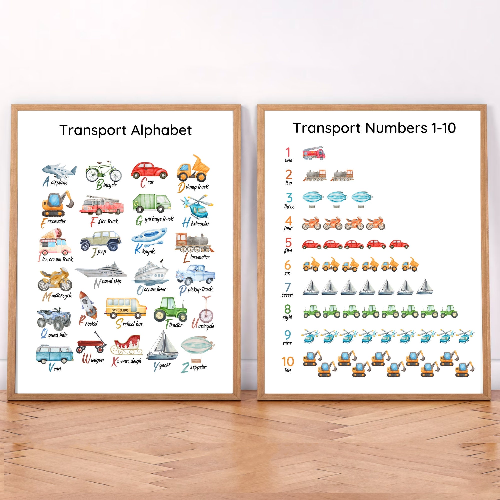 Transport Alphabet Numbers Poster Set of 2, Vehicles ABC Print ...