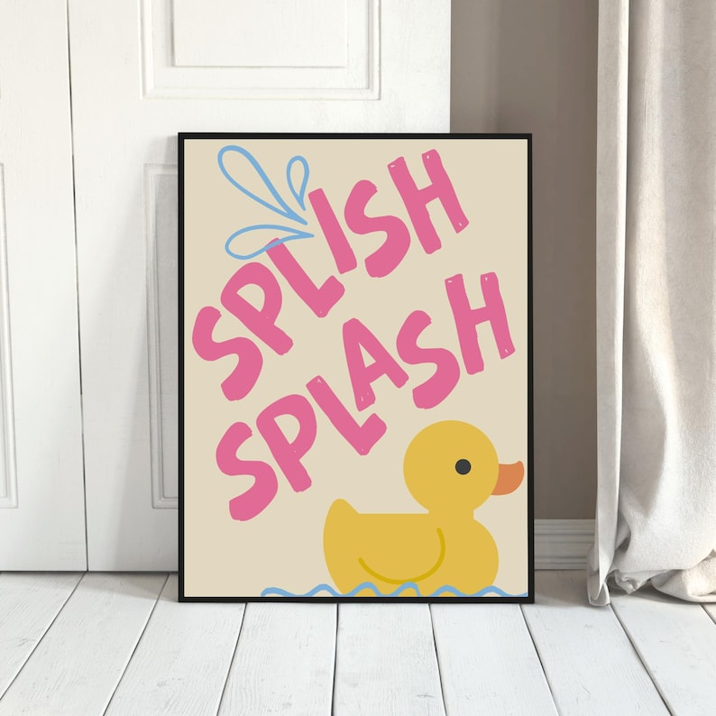 Splish Splash Rubber Duck Bathroom Print Set Kids Bathtub Wall Art Sign ...