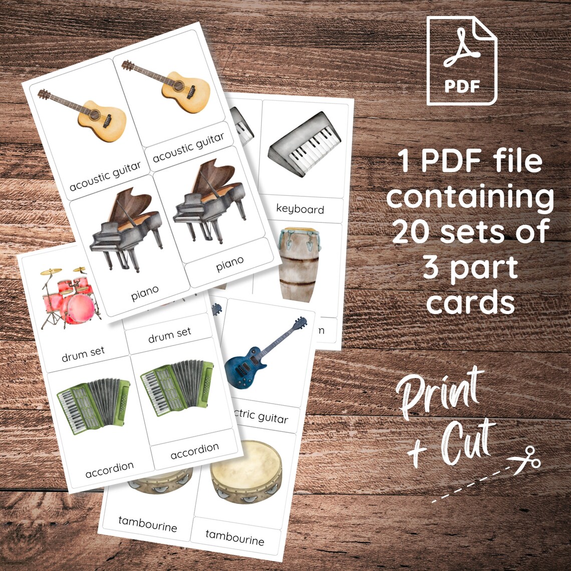 Musical Instruments Flashcards Set of 20, Montessori 3 Part ...