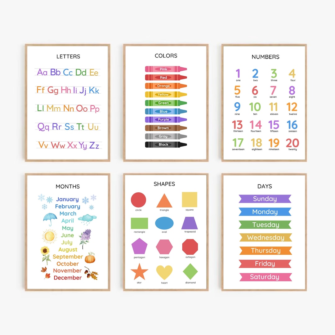 Educational Posters Set of 6 Kids Art Playroom Rainbow Numbers ABC ...