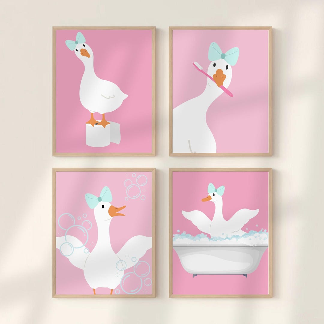 Pink Goose Bathroom Wall Art Set of 4 Printable Posters Cute Kids ...