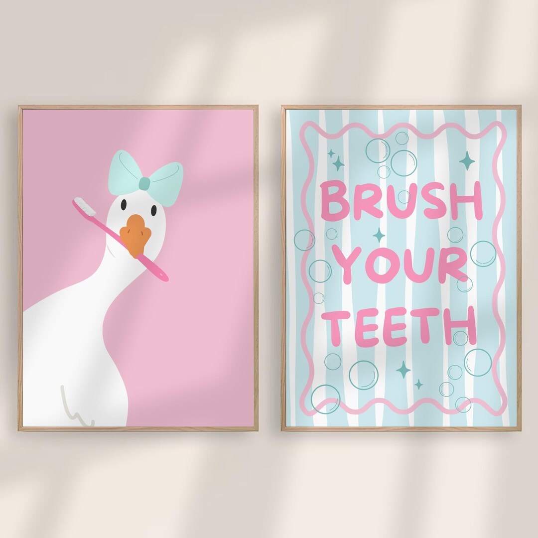 Silly Goose Kids Bathroom Sign Set of 2 Prints Brush Your Teeth ...