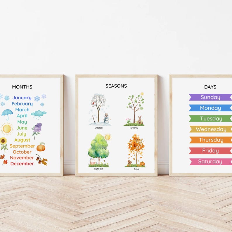 Seasons Months Days Set of 3 Educational Posters Toddler Learning Print ...