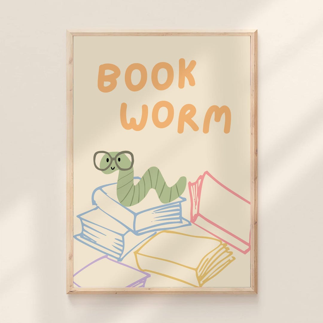 Hand-drawn Bookworm Wall Art Reading Corner Poster Story Time Print ...