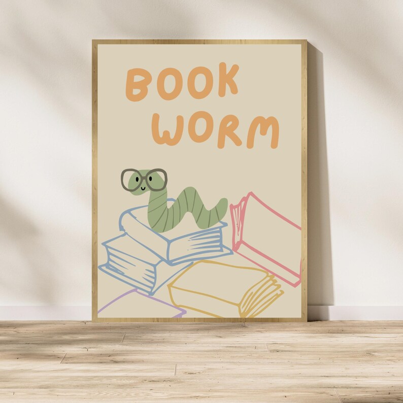 Hand-drawn Bookworm Wall Art Reading Corner Poster Story Time Print ...