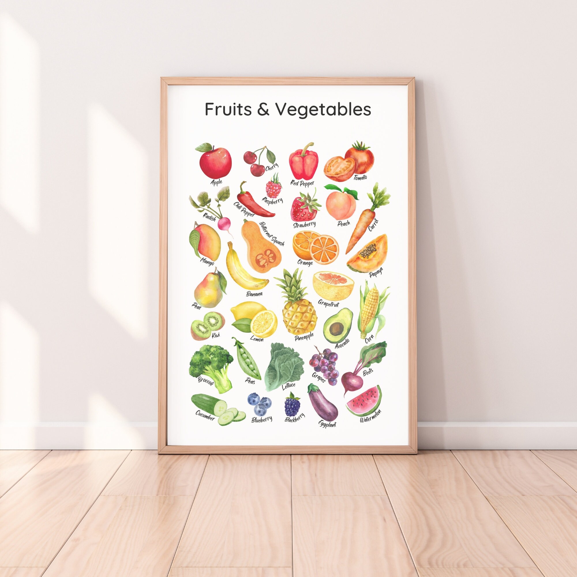 Fruits Vegetables Educational Print, Watercolor Montessori Printable ...