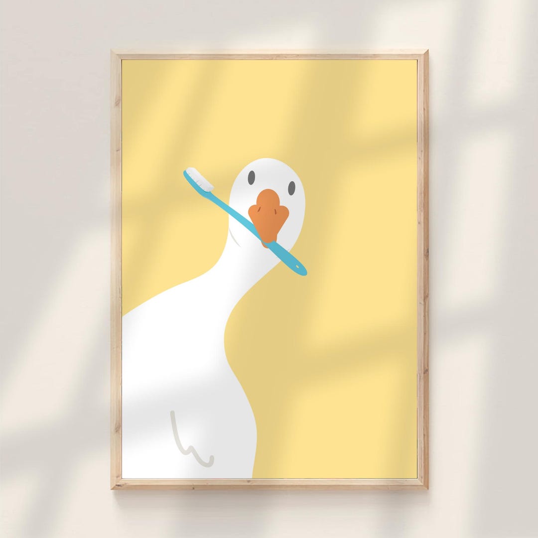 Silly Goose Yellow Bathroom Toothbrush Print Cute Kids Washroom Wall ...