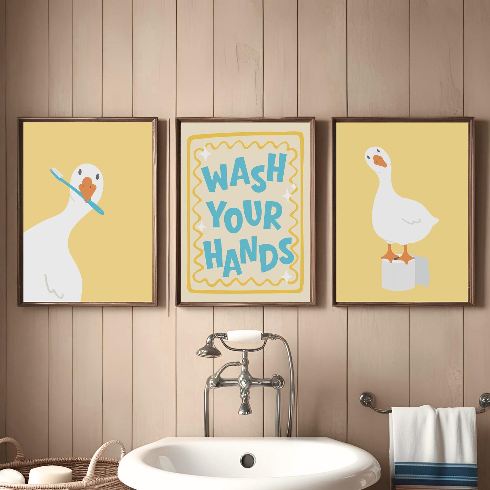 Yellow Goose Bathroom Print Set of 4 Kids Washroom Wall Art Decor Funny ...