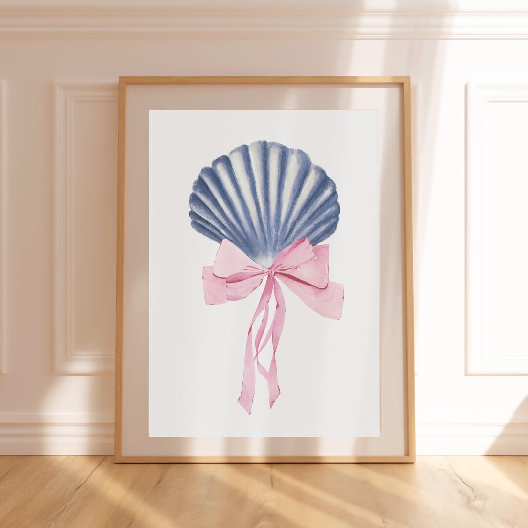 Seashell Wall Decor Blue Sea Shell Art Print Pink Bow Beachy Coastal ...
