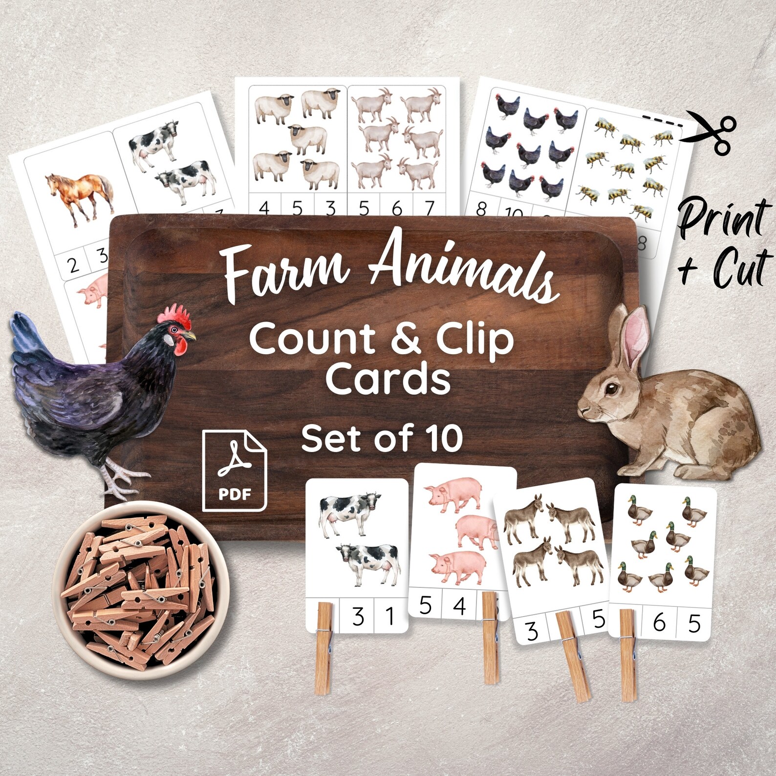 Farm Animals Count and Clip Cards, Counting 1-10, Number Flash Cards ...