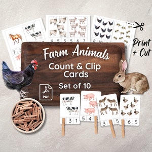 Farm Animals Count and Clip Cards, Counting 1-10, Number Flash Cards ...