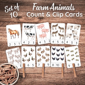 Farm Animals Count and Clip Cards, Counting 1-10, Number Flash Cards ...