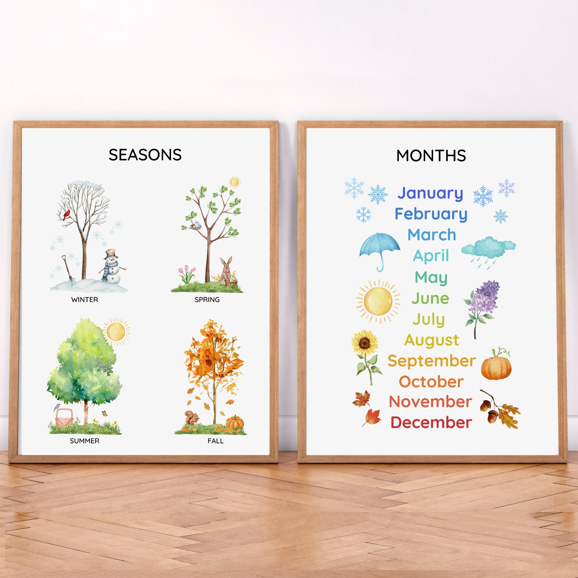 Seasons Months Set of 2 Educational Printable Wall Art Toddler Learning ...