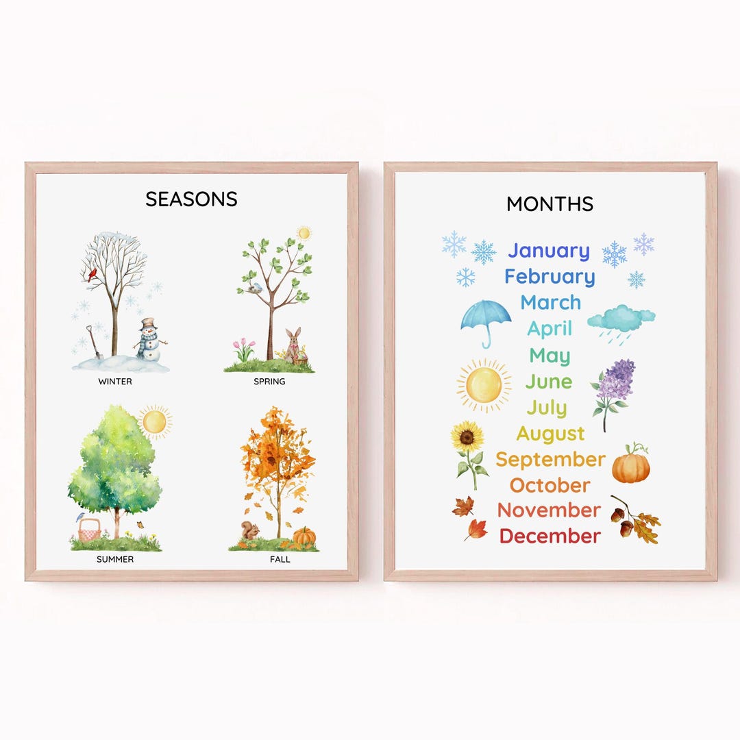 Seasons Months Set of 2 Educational Printable Wall Art Toddler Learning ...