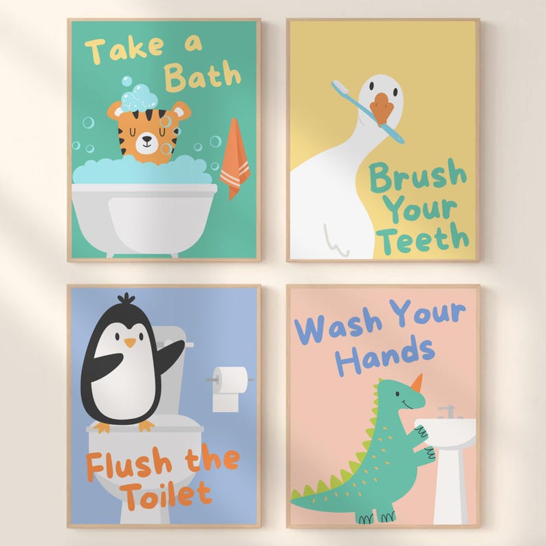 Kids Bathroom Wall Art Set of 4 Hygiene Reminder Prints Wash Your Hands ...