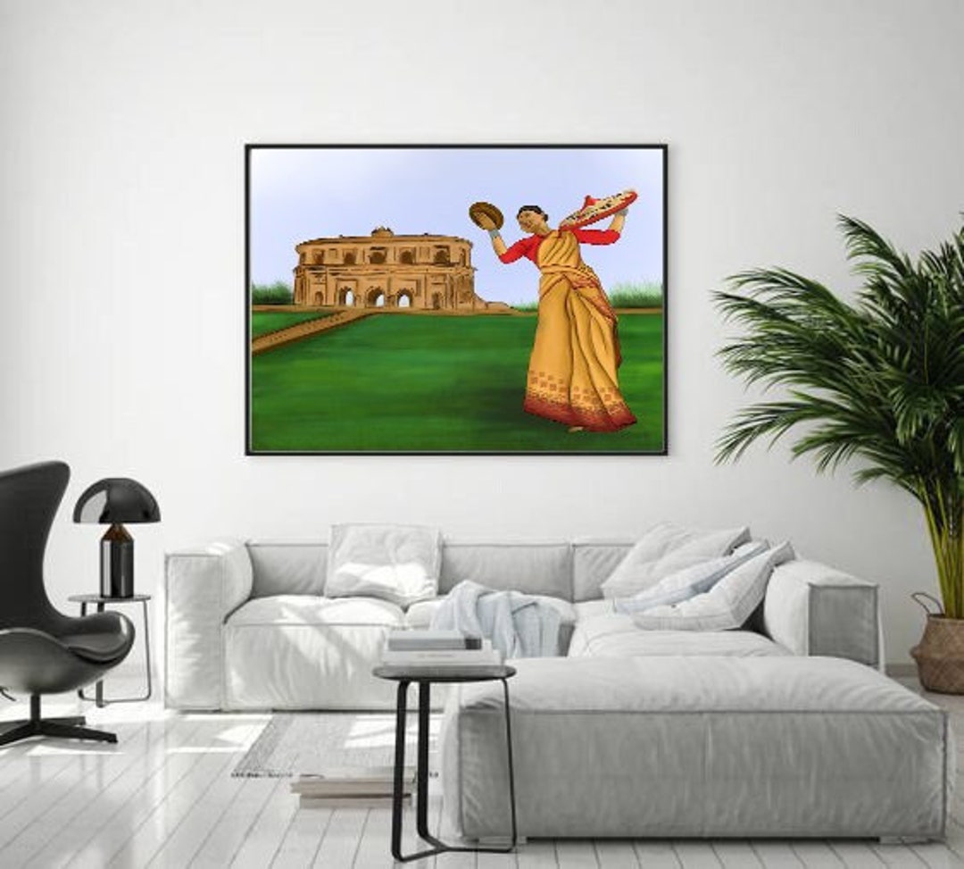 Assamese Bihu Dance Digital Painting – Girl in Muga Mekhela Sador With ...