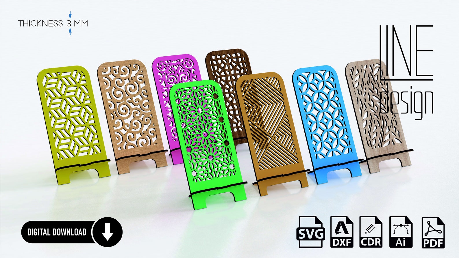 8 Design Laser Cut Phone Stand Vector Files, Phone Holder, AI-DXF-SVG ...