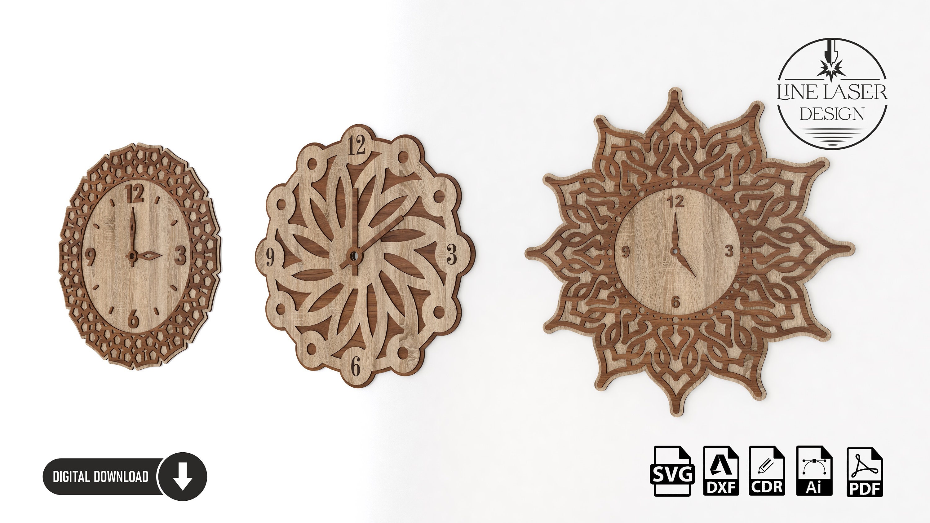 Clock Laser Cut File, 3 Different Designs Laser Cut Wall Clock, Clock ...