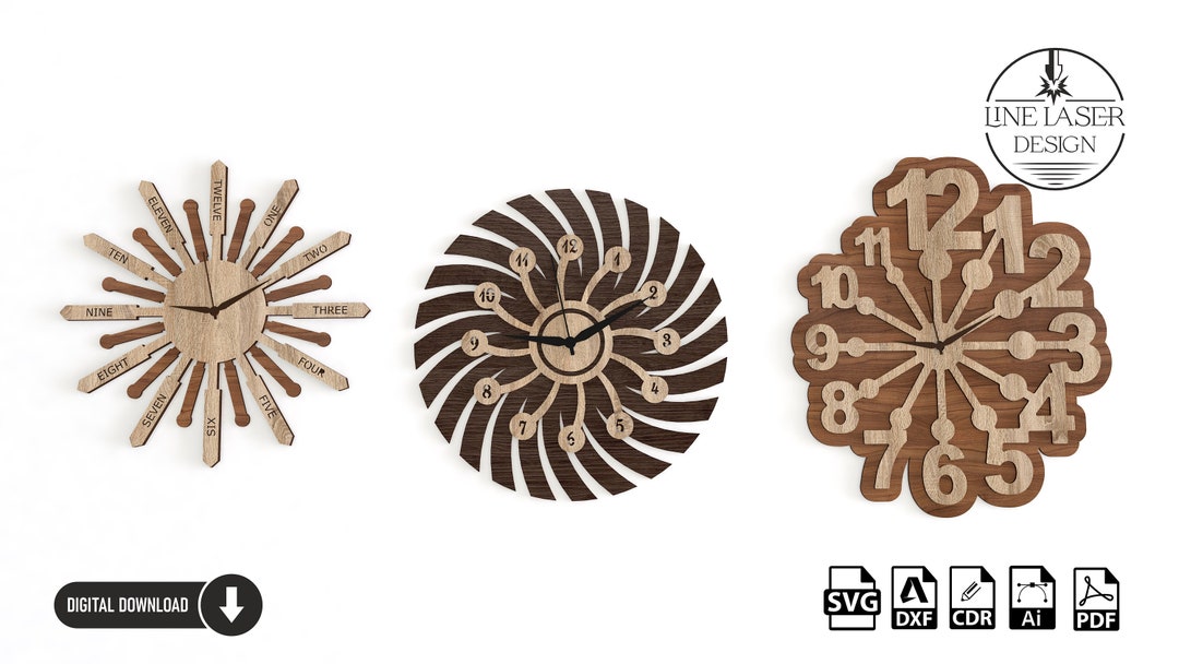 3 Different Design Laser Cut Wall Clock Svg File, Wall Clock Svg File ...