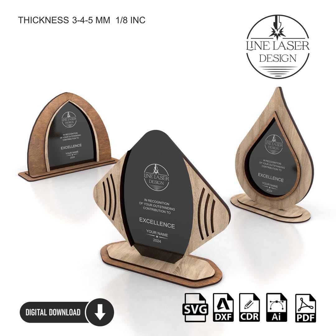 3 Unique Award Trophy Designs Pack | Wood and Acrylic Laser Cut Plaques ...