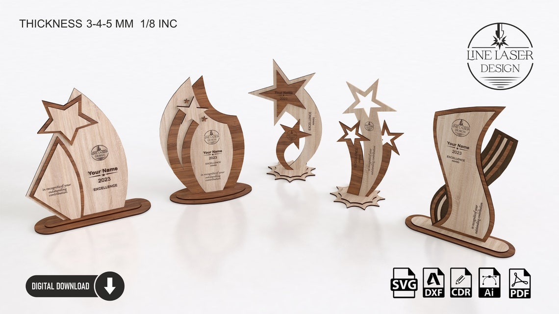 Lot de 5 fichiers découpés au laser Trophée Trophée Designs différents ...