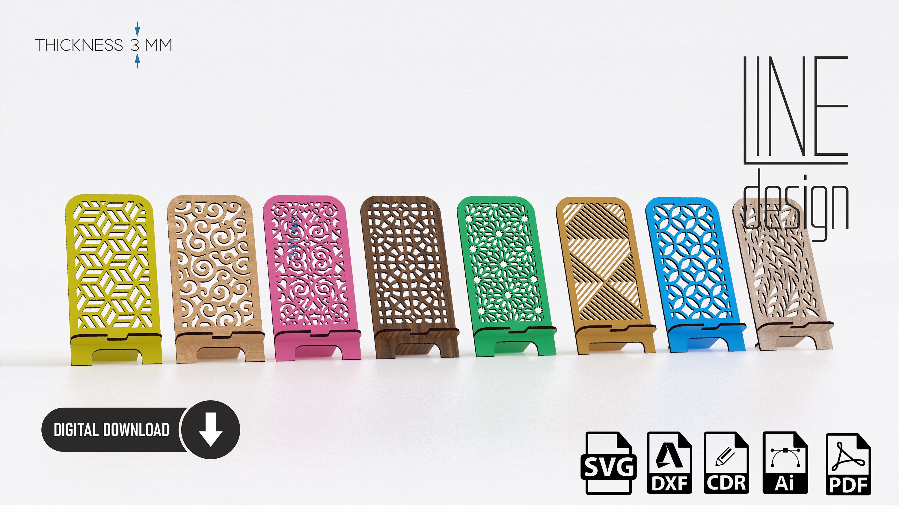 8 Design Laser Cut Phone Stand Vector Files, Phone Holder, AI-DXF-SVG ...