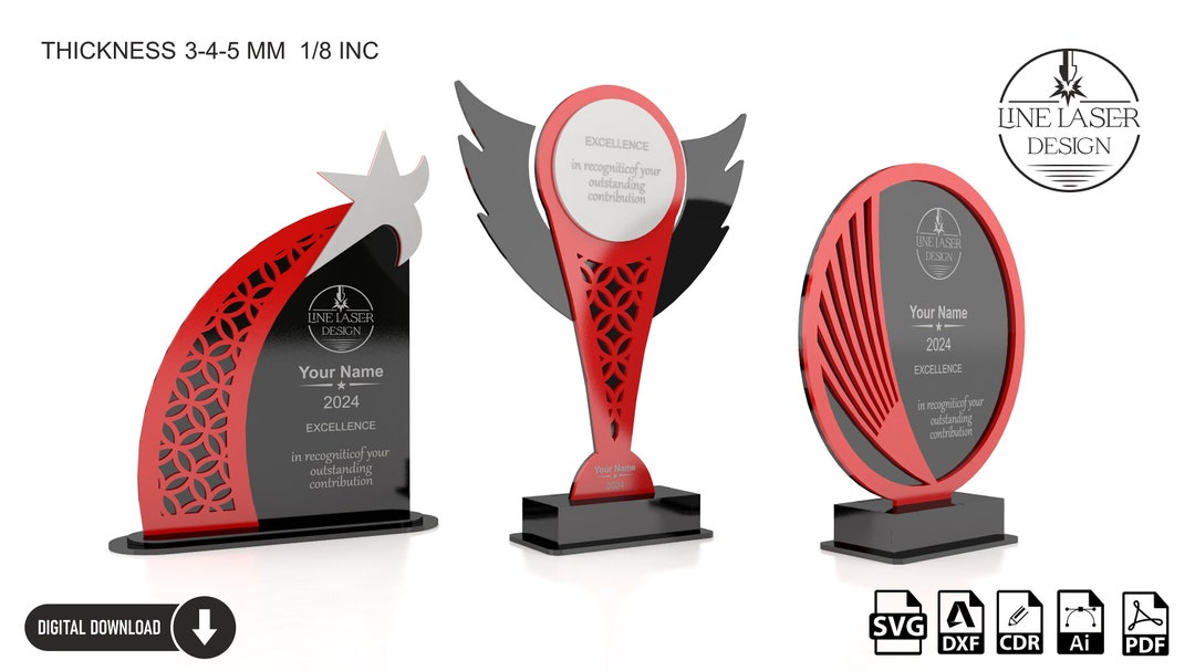 3 Different Designs Award Trophy Laser Cut Files Pack Plexiglass Award ...