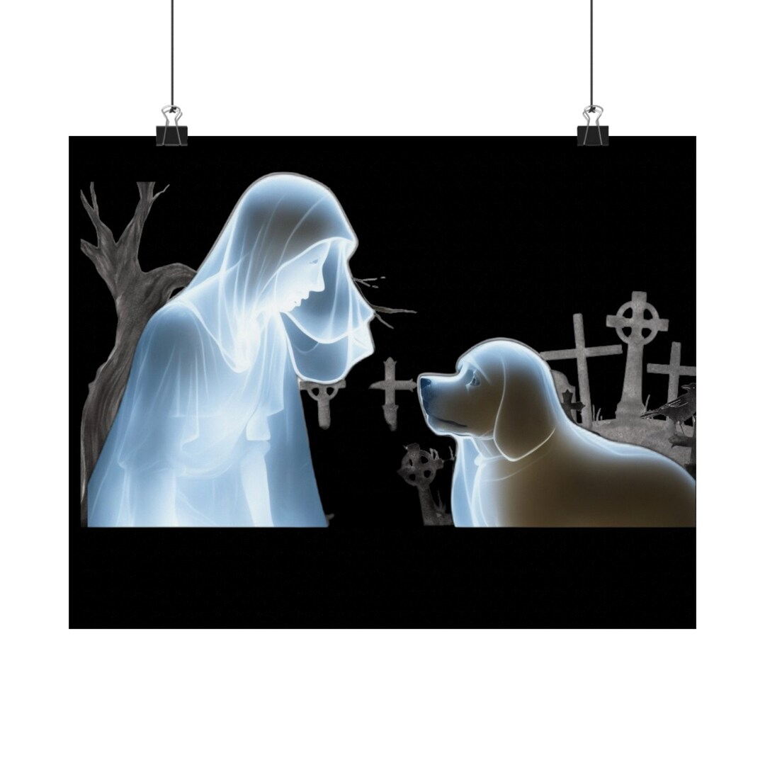 Ghost Halloween Poster of a Female Ghost Comforting a Lost Ghost Dog in ...