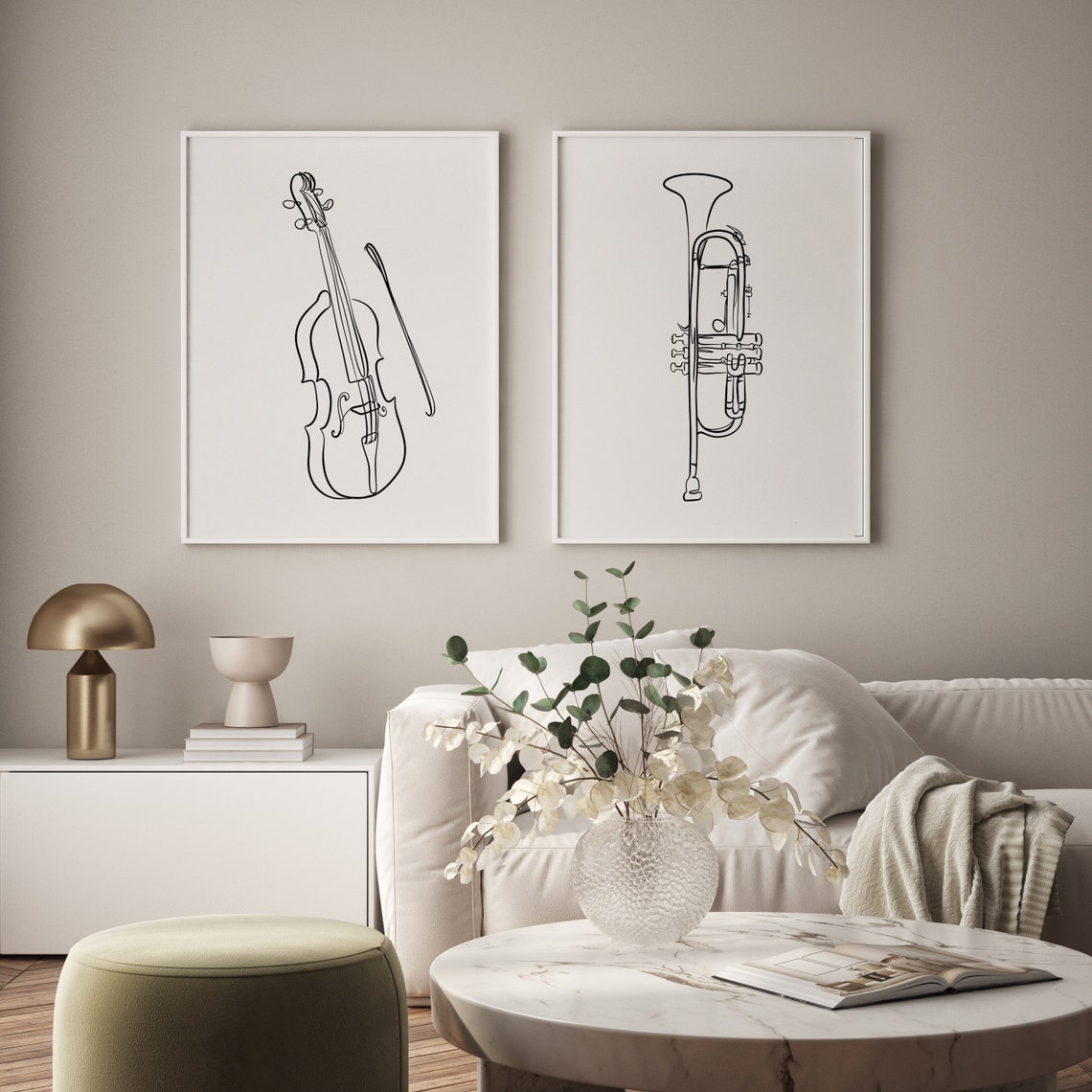 Set of 4, Instruments, Line Art Print, Trumpet, Drums, Violin, Clarinet ...