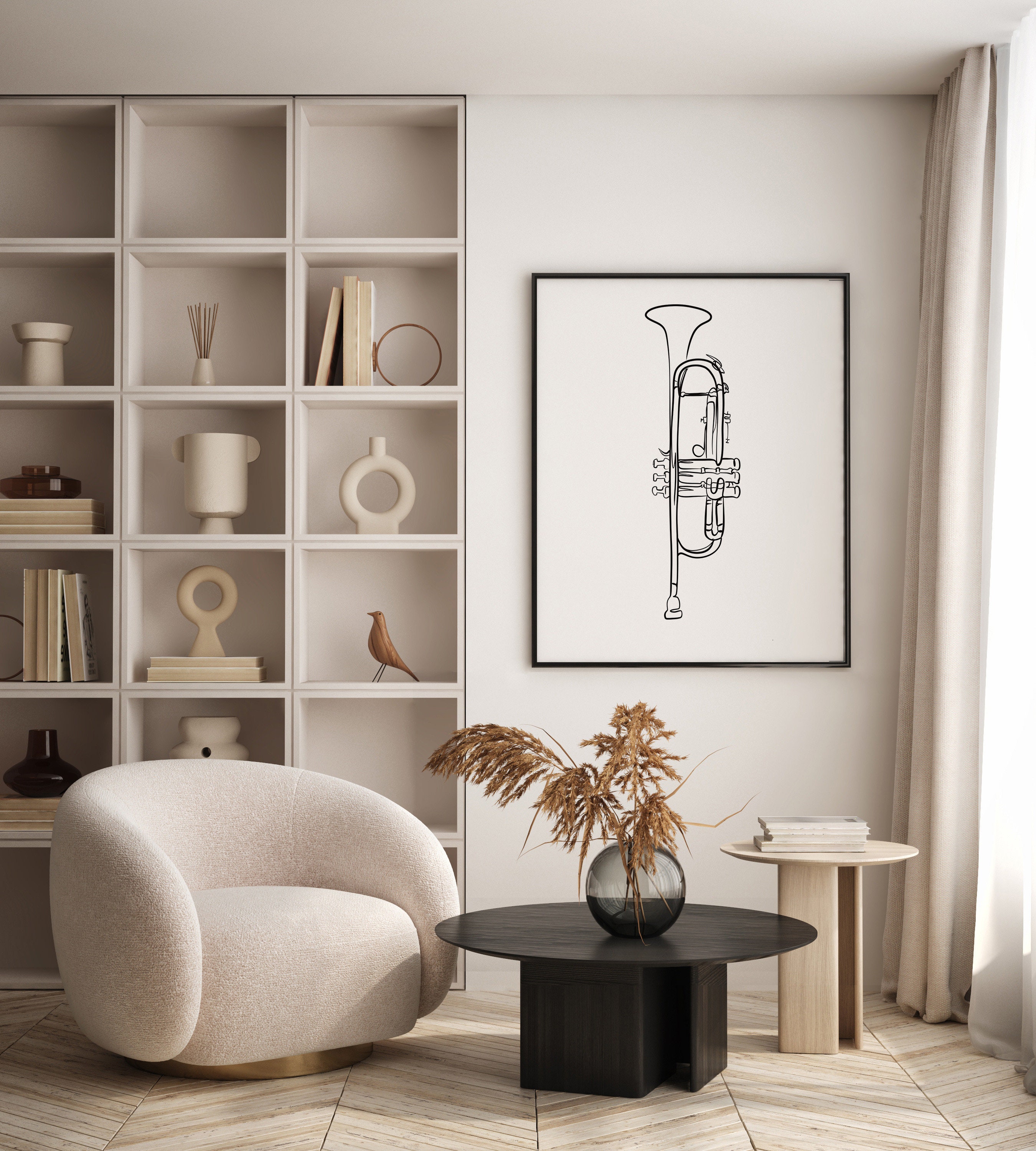 Set of 4, Instruments, Line Art Print, Trumpet, Drums, Violin, Clarinet ...