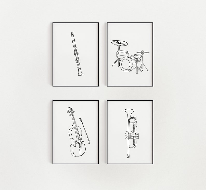 Set of 4, Instruments, Line Art Print, Trumpet, Drums, Violin, Clarinet ...
