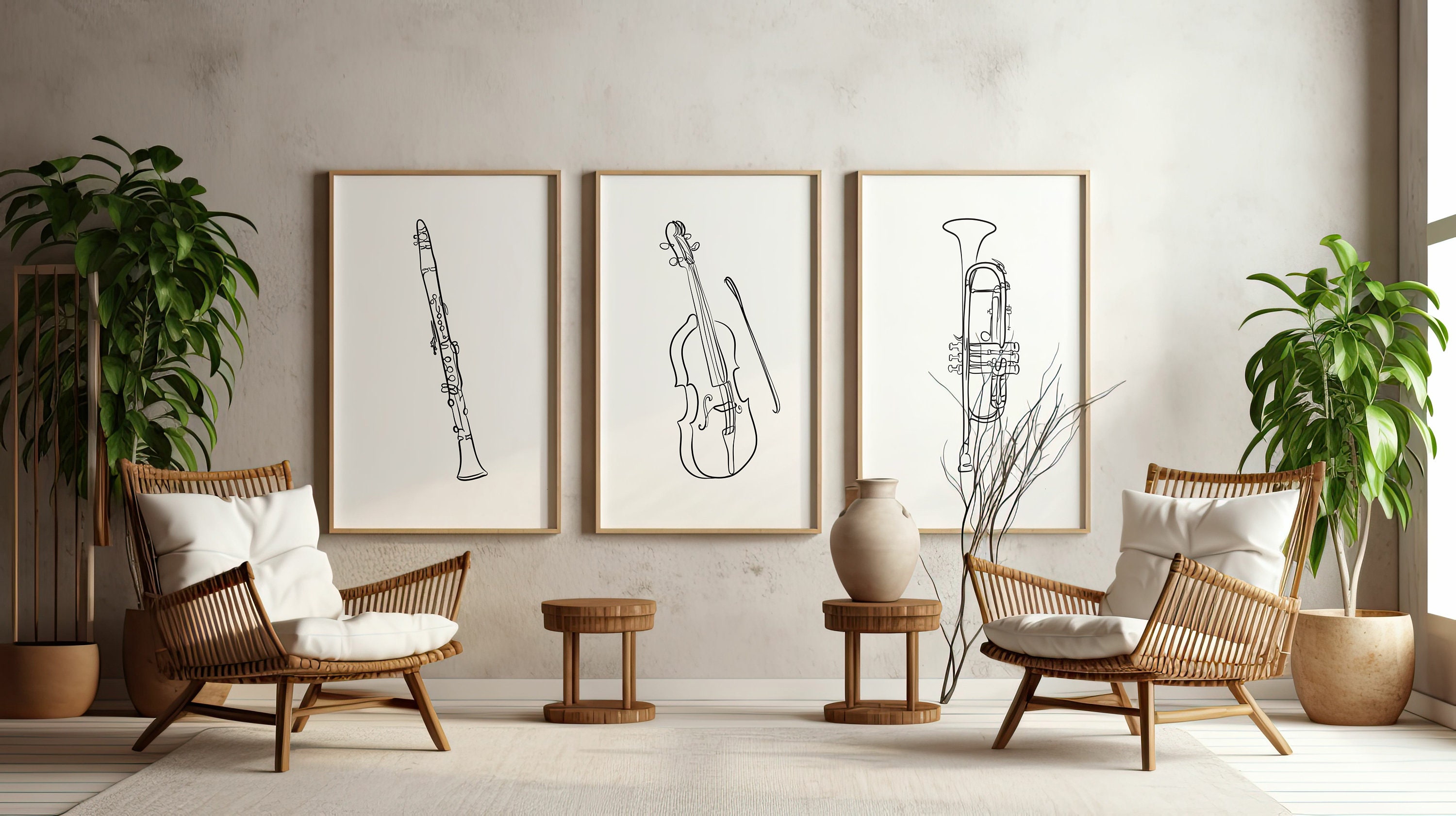 Set of 4, Instruments, Line Art Print, Trumpet, Drums, Violin, Clarinet ...