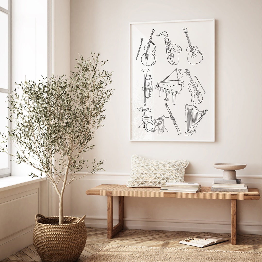 Instruments, Line Art Print, Instruments Art, Piano, Guitar, Cello ...