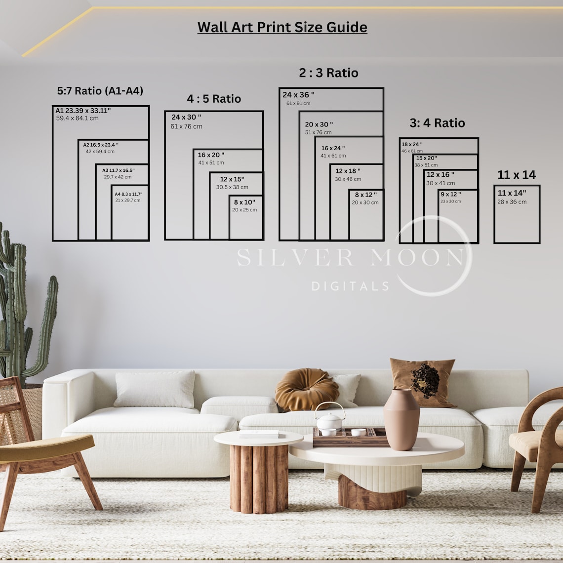 Wall Art Print Size Guide for Living Room, Picture Frame Size Reference ...