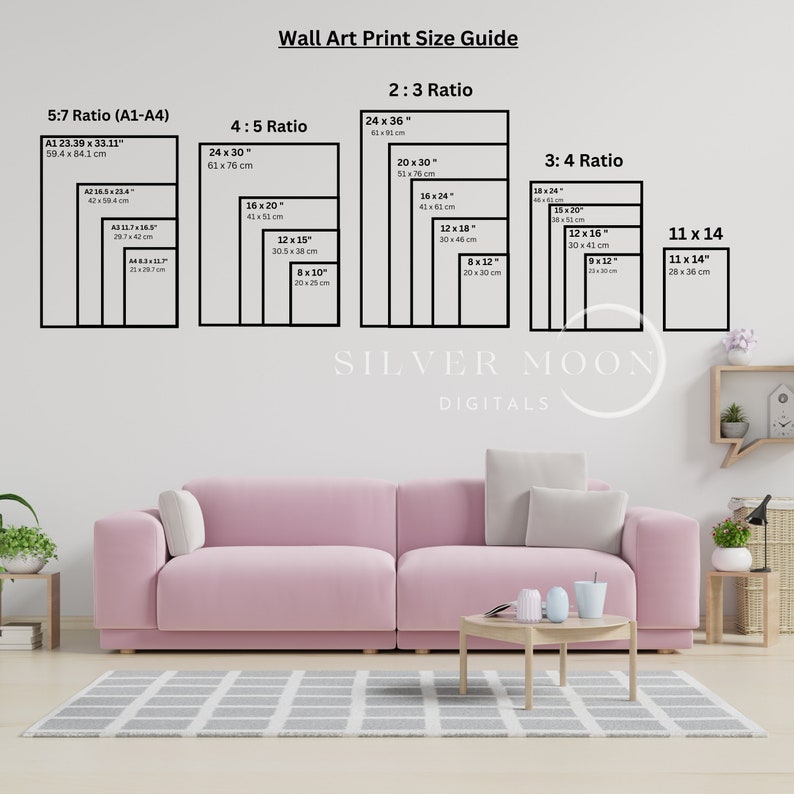 Wall Art Print Size Guide for Living Room, Picture Frame Size Reference ...