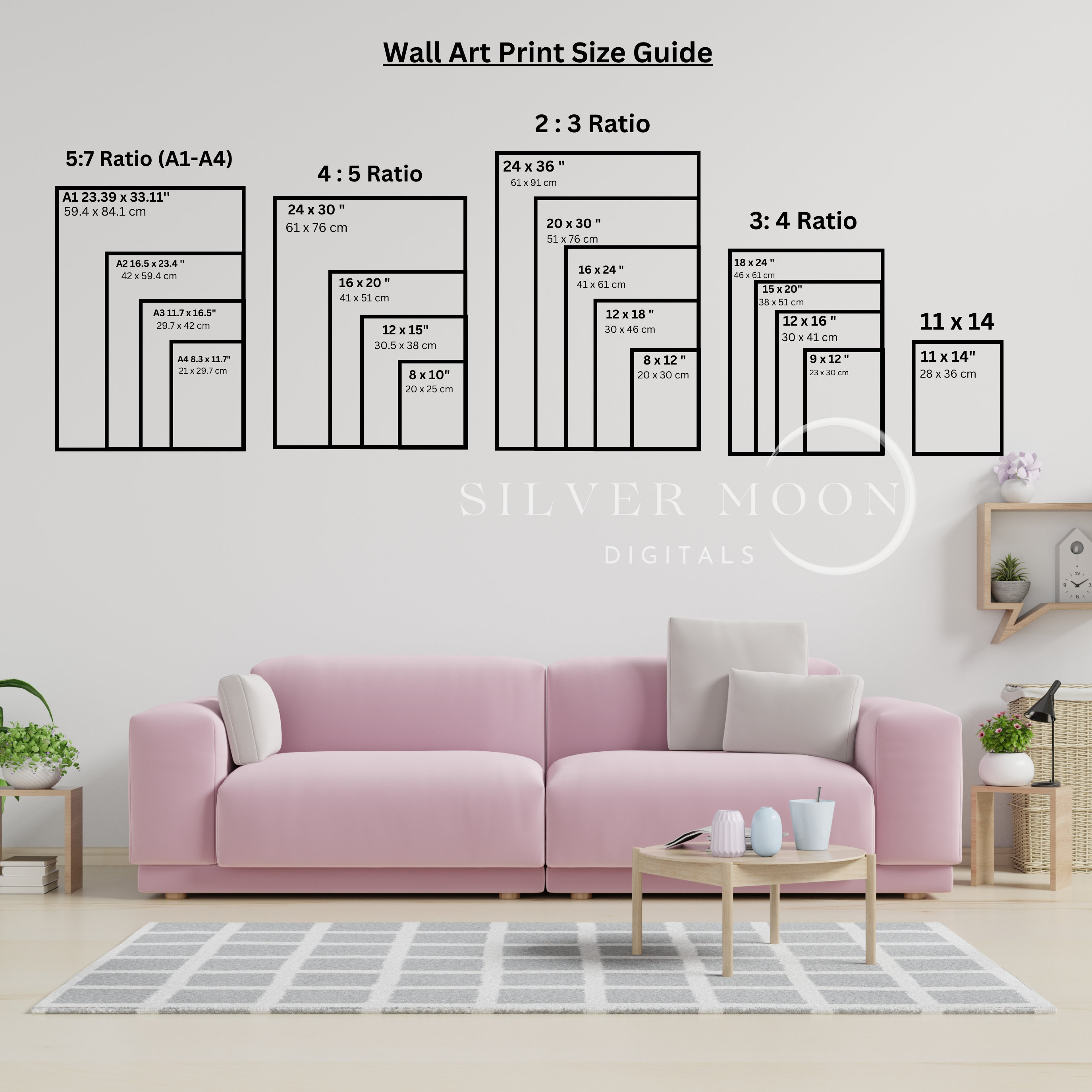 Wall Art Print Size Guide for Living Room, Picture Frame Size Reference ...