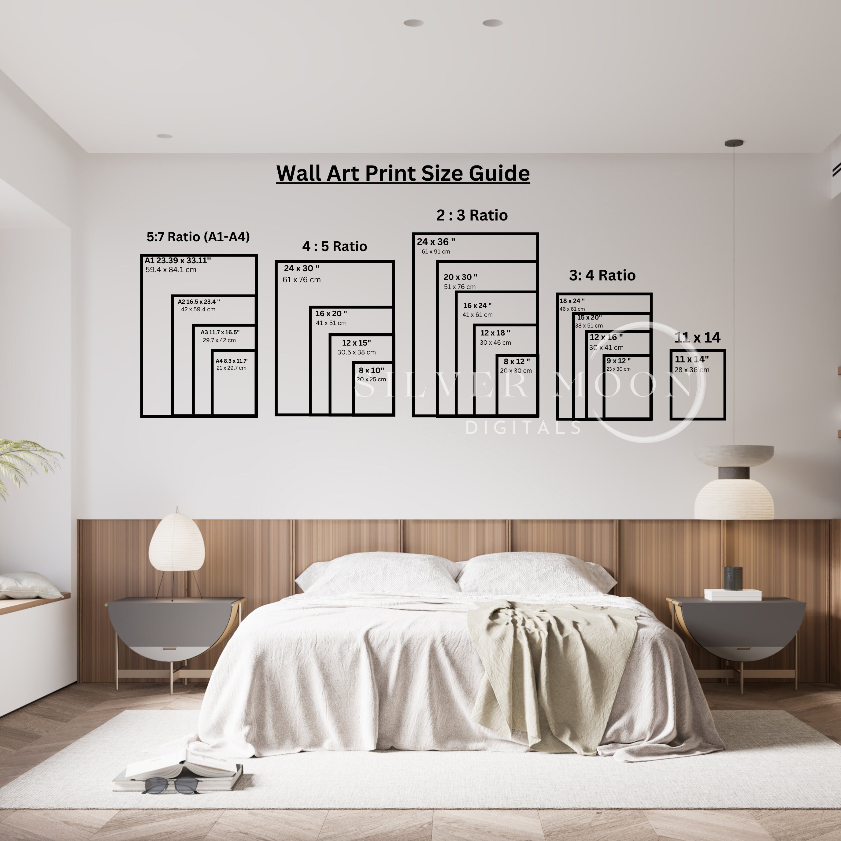 Wall Art Printing Size Guide for Bedroom, Picture Frame Size Reference ...