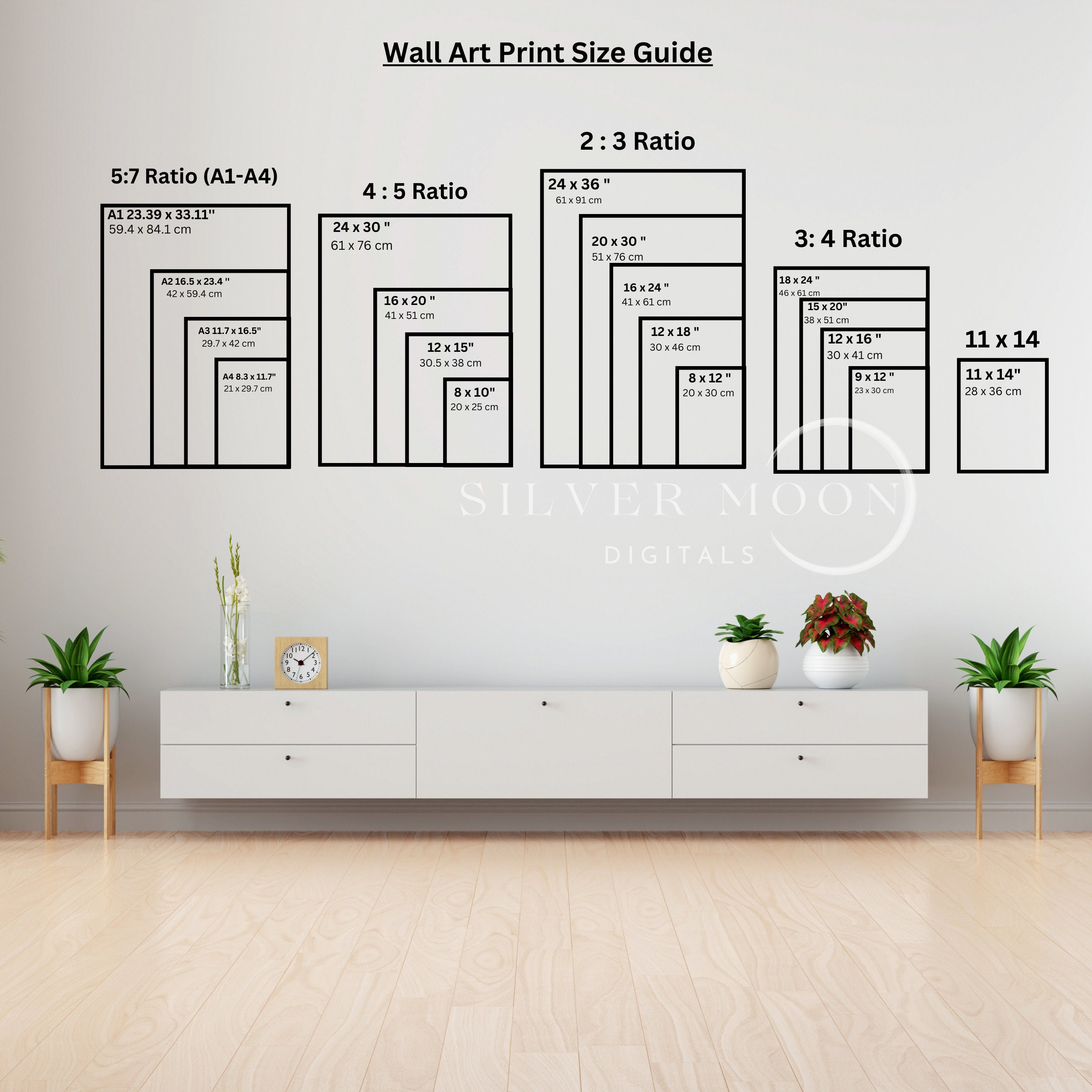 Wall Art Print Size Guide for Living Room, Picture Frame Size Reference ...