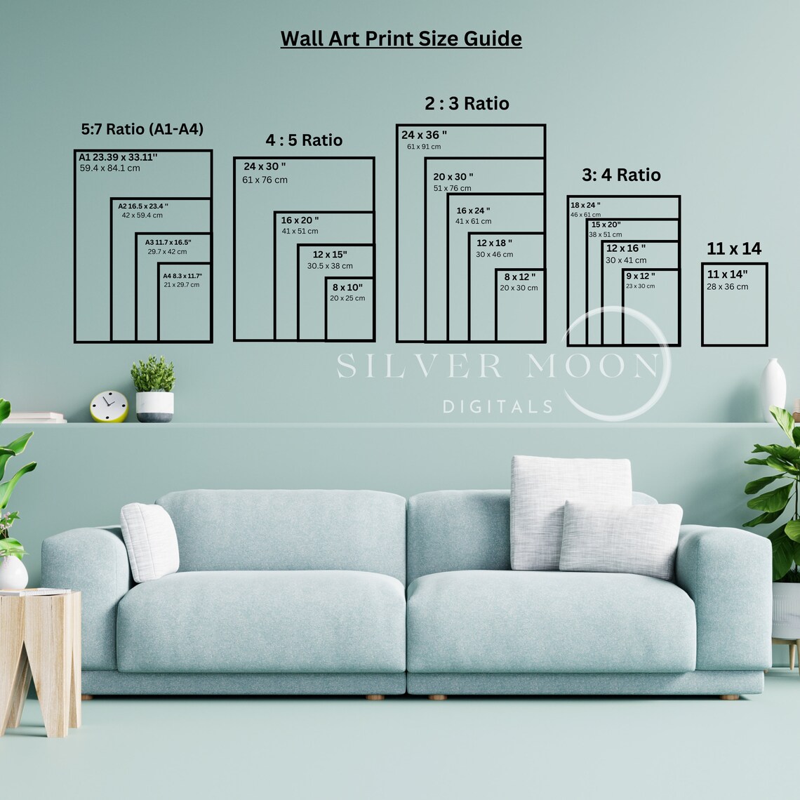 Wall Art Print Size Guide for Living Room, Picture Frame Size Reference ...