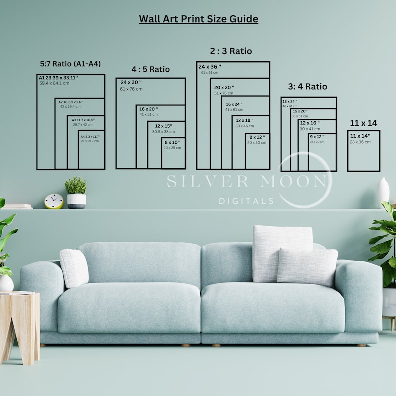 Wall Art Print Size Guide for Living Room, Picture Frame Size Reference ...