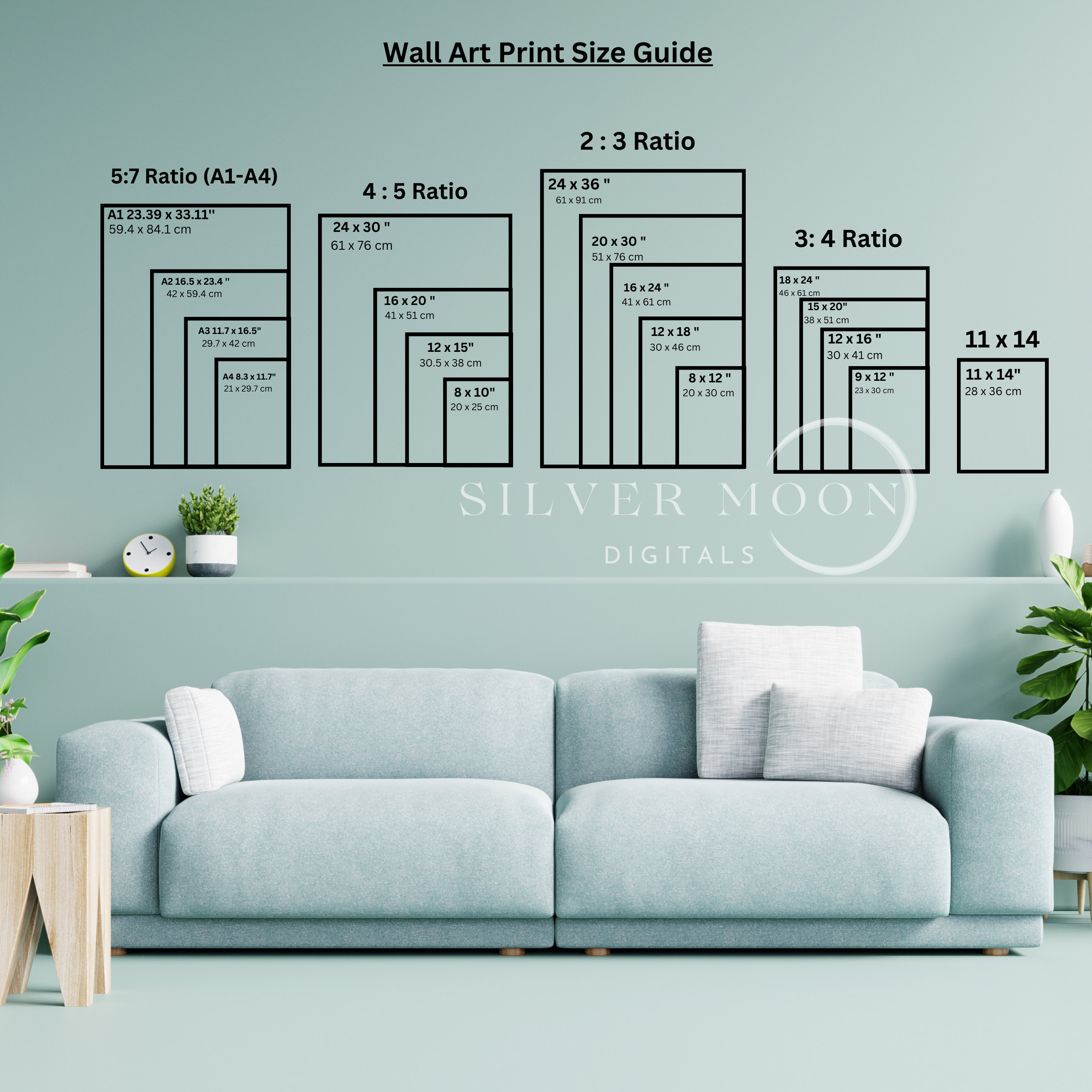Wall Art Print Size Guide for Living Room, Picture Frame Size Reference ...