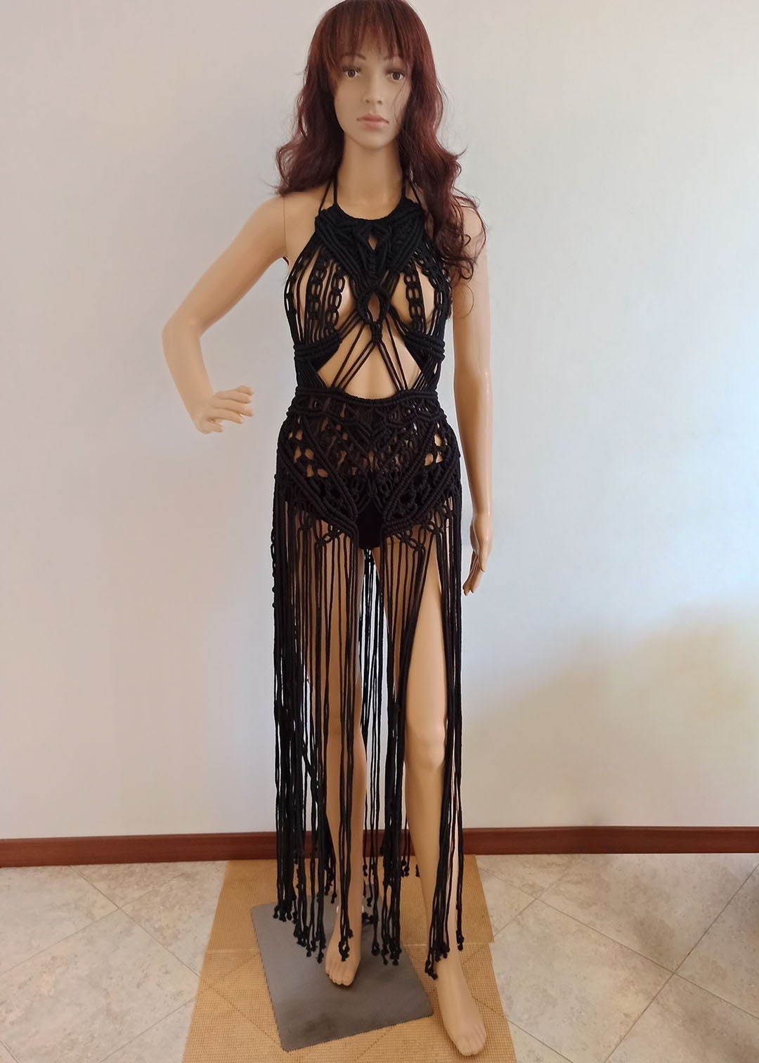 Sexy Long Black Dress Unique Vacation Summer Beach Wear Macrame Exclusive Cover Up Cutout
