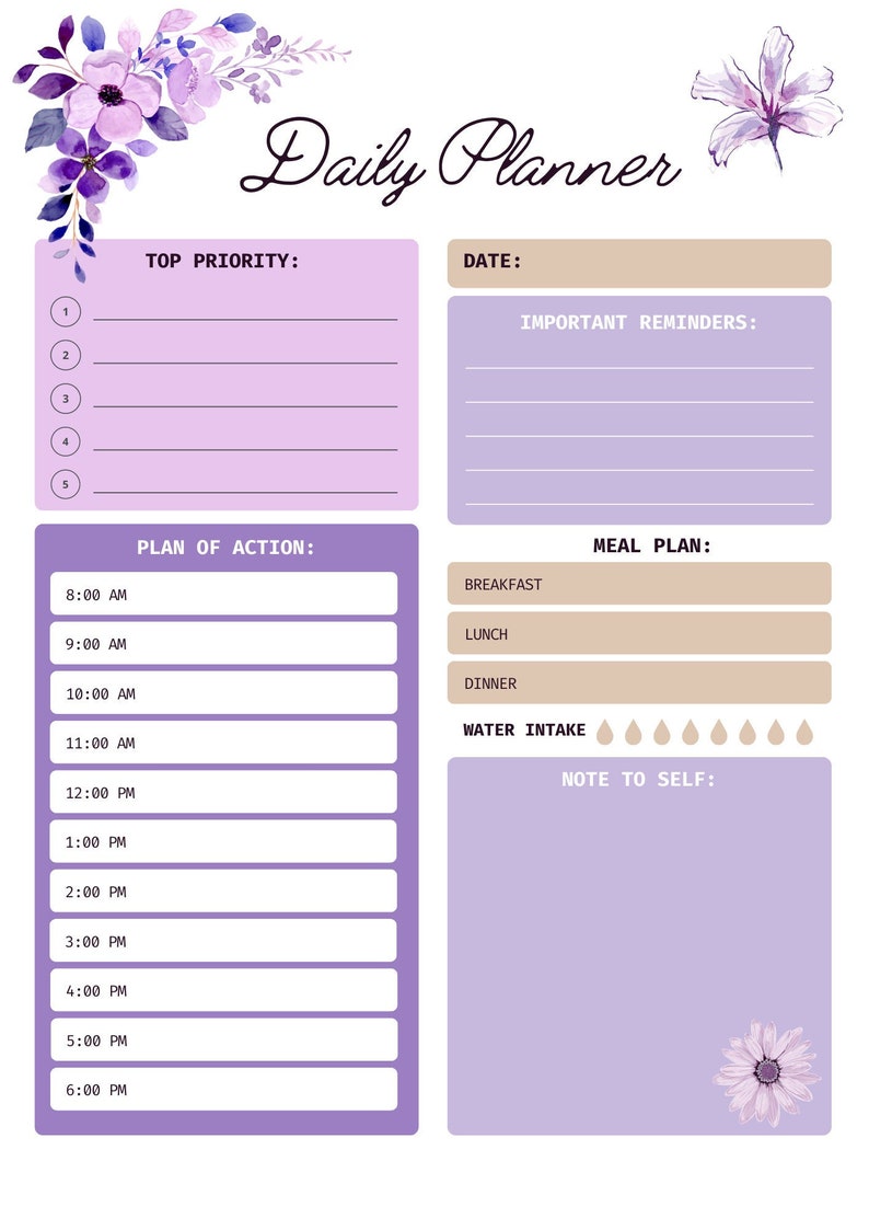 Daily Planner - Purple Flowers - Etsy