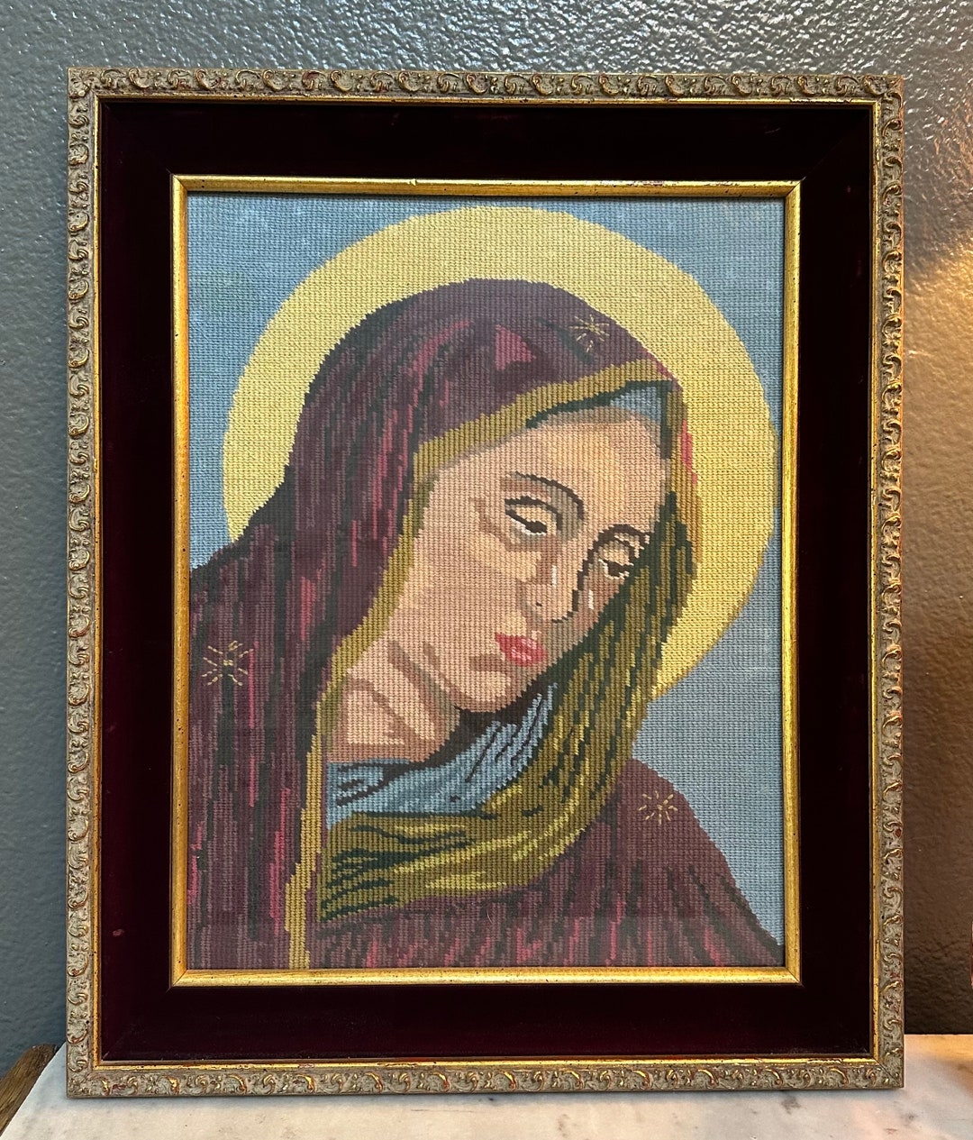 Vintage ~ Virgin Mary Needlepoint Framed Picture - Etsy