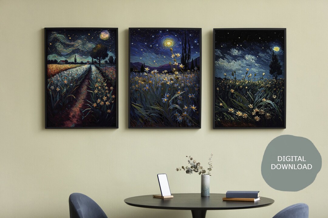 Starry Night, Flowers, Vincent Van Gogh Style, Printable Wall Art ...