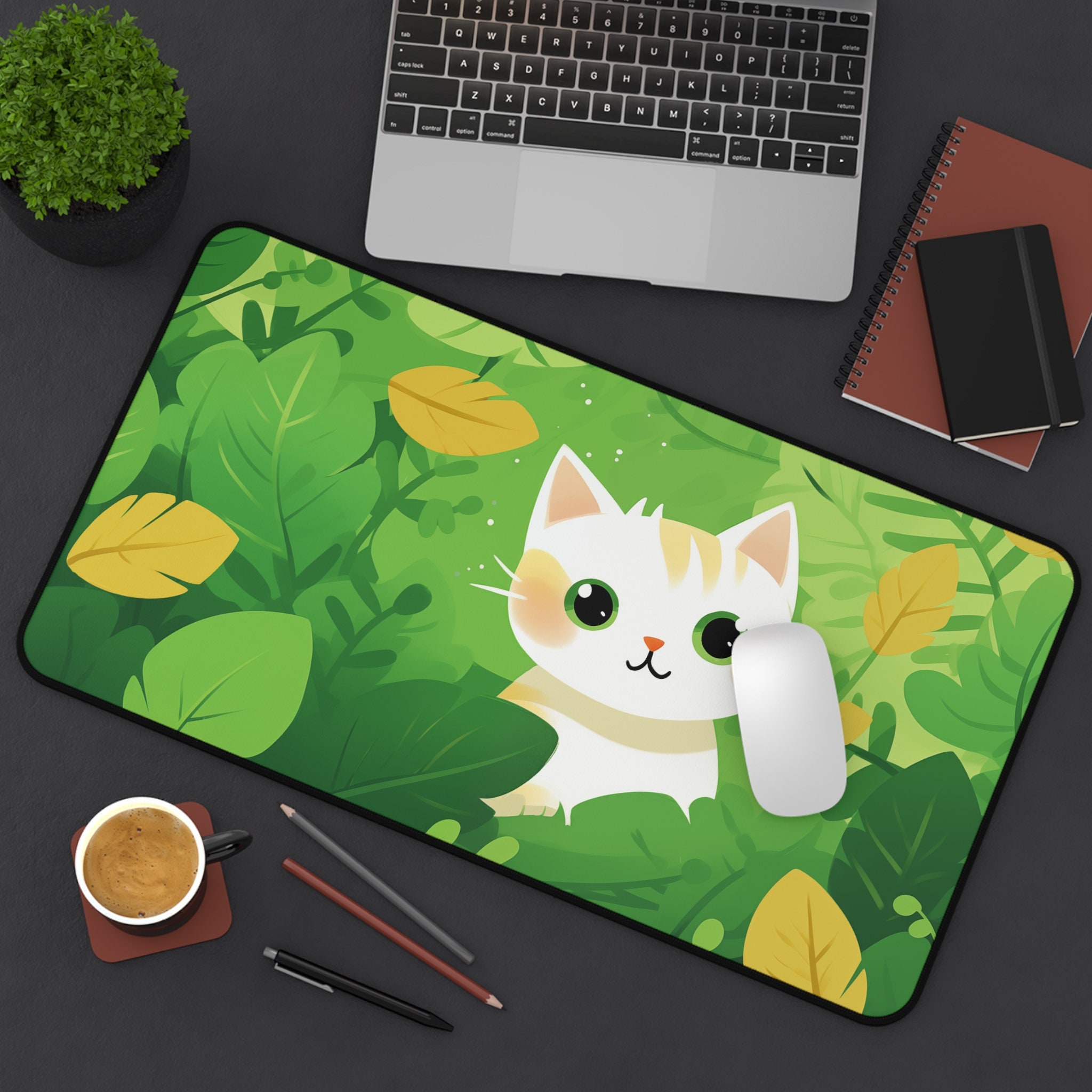 Cute Kawaii Cat Desk Mat Cat Desk Mat, Cute Green Desk Mat, Neoprene ...